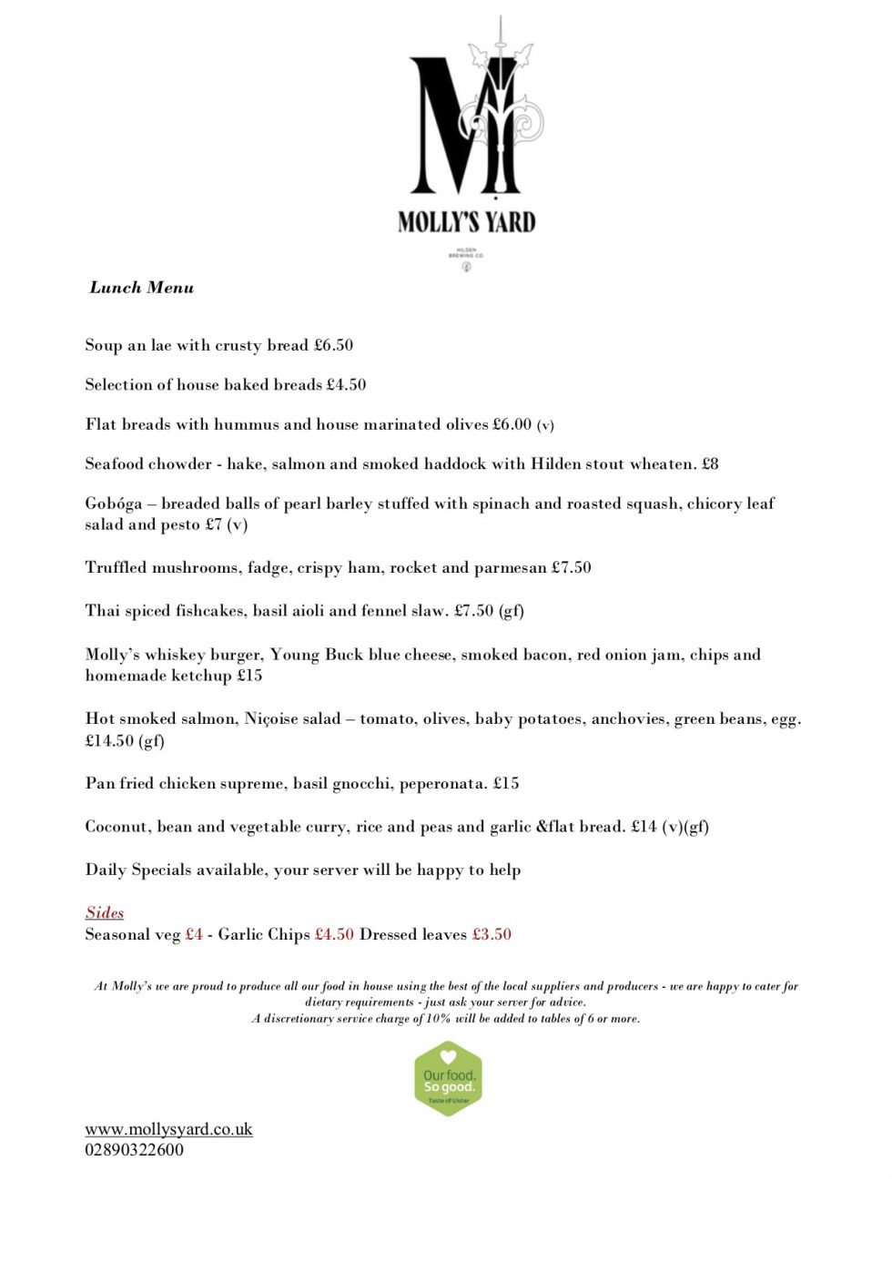 Lunch Menu | Molly's Yard, Belfast. Far From the Madding Crowd